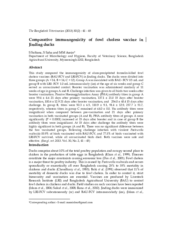 (PDF) Comparative immunogenicity of fowl cholera vaccine in Jinding ducks