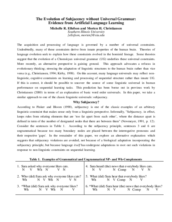 (PDF) The Evolution of Subjacency without Universal Grammar: Evidence from Artificial Language ...