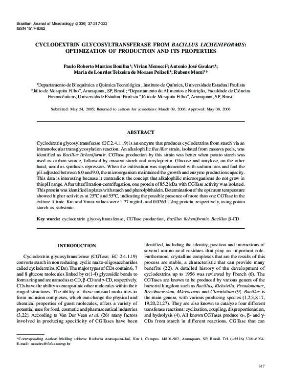 (PDF) Cyclodextrin glycosyltransferase from Bacillus licheniformis: optimization of production ...