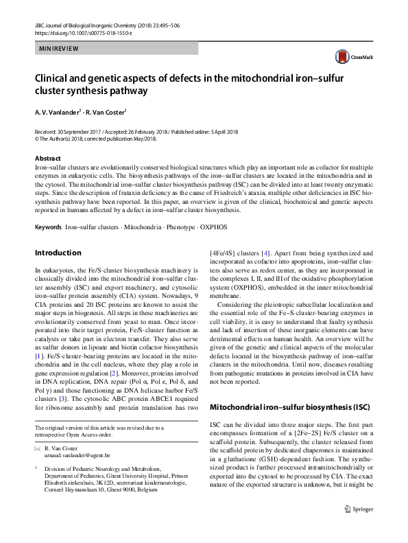 (PDF) Clinical and genetic aspects of defects in the mitochondrial iron–sulfur cluster synthesis ...