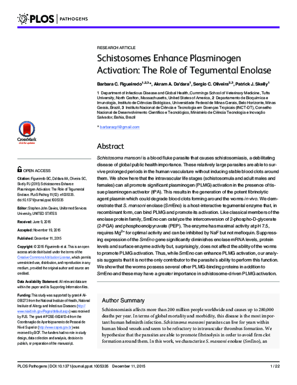(PDF) Schistosomes Enhance Plasminogen Activation: The Role of ...