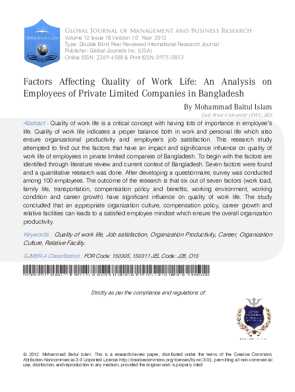 (PDF) Factors Affecting Quality of Work Life: An Analysis on Employees ...