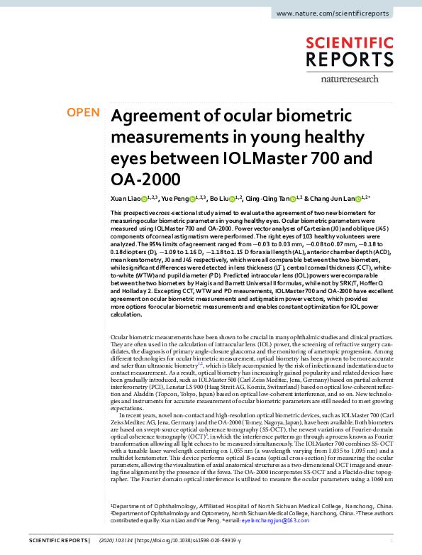 (PDF) Agreement of ocular biometric measurements in young healthy eyes ...
