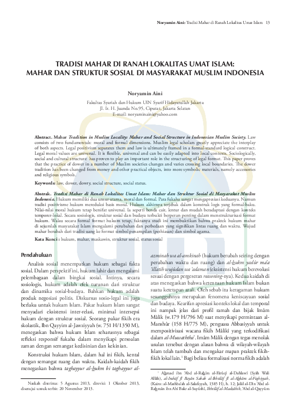 (PDF) Tradisi Mahar DI Ranah Lokalitas Umat Islam: Mahar Dan Struktur ...