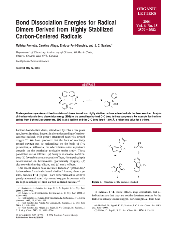 (PDF) Bond Dissociation Energies for Radical Dimers Derived from Highly ...
