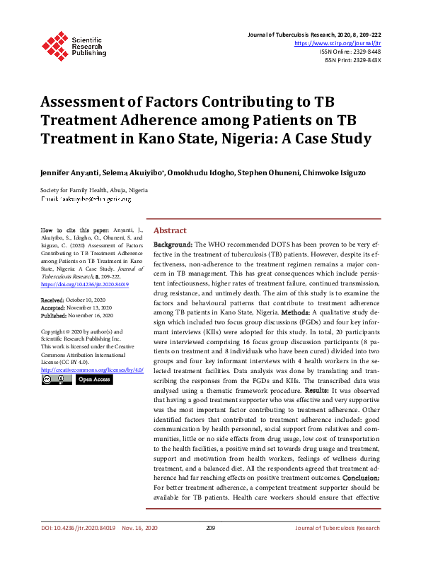 (PDF) Assessment of Factors Contributing to TB Treatment Adherence among Patients on TB ...