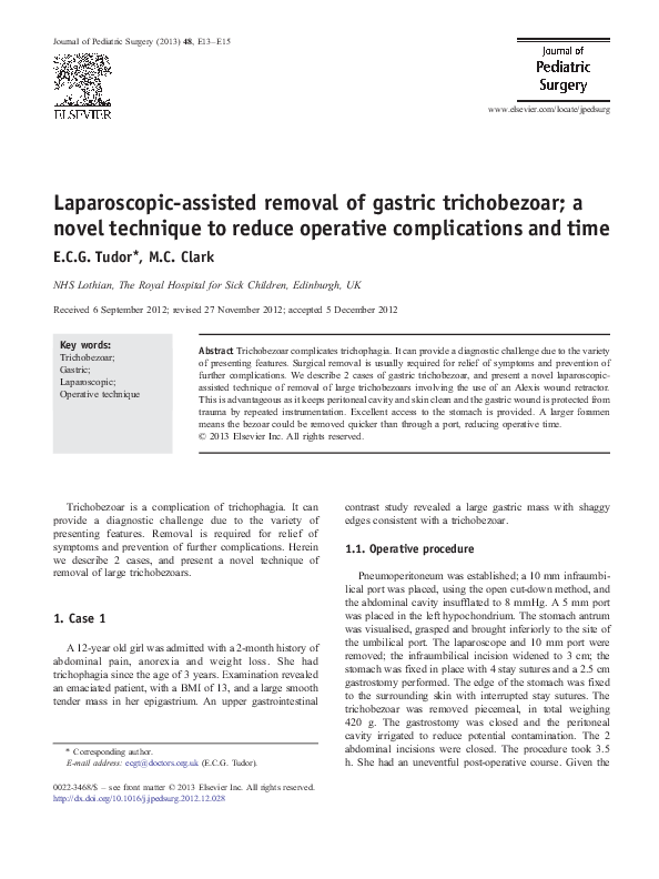 (PDF) Laparoscopic-assisted removal of gastric trichobezoar; a novel ...