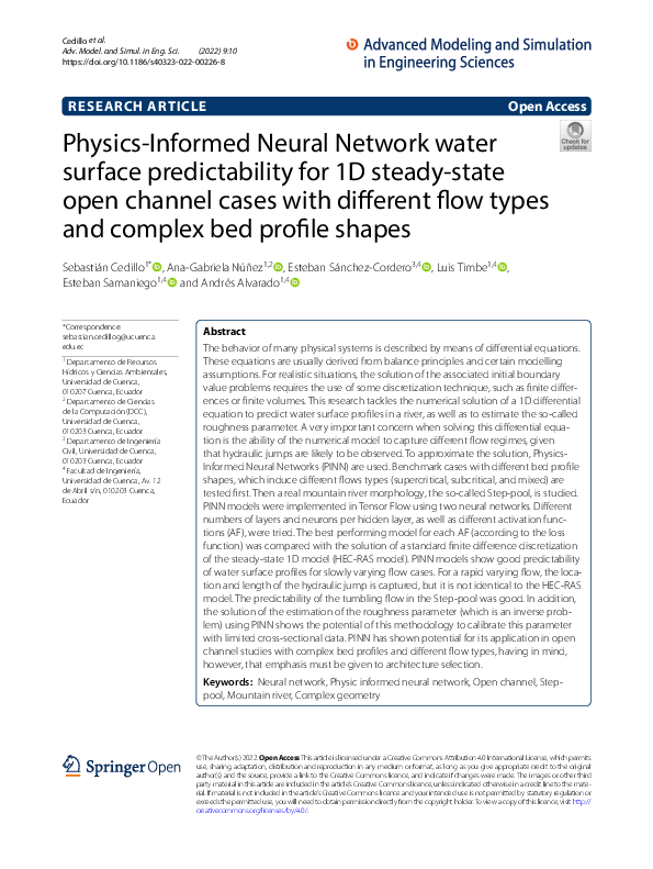 (PDF) Physics-Informed Neural Network water surface predictability for 1D steady-state open ...