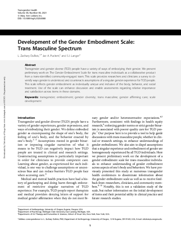 (PDF) Development of the Gender Embodiment Scale: Trans Masculine Spectrum