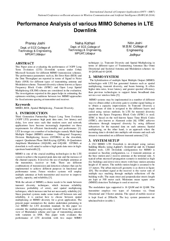 Pdf Performance Analysis Of Various Mimo Schemes In Lte Downlink