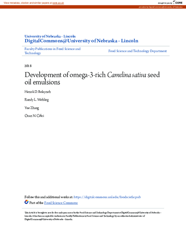 Development of omega-3-rich \u3ci\u3eCamelina sativa\u3c/i\u3e seed oil ...