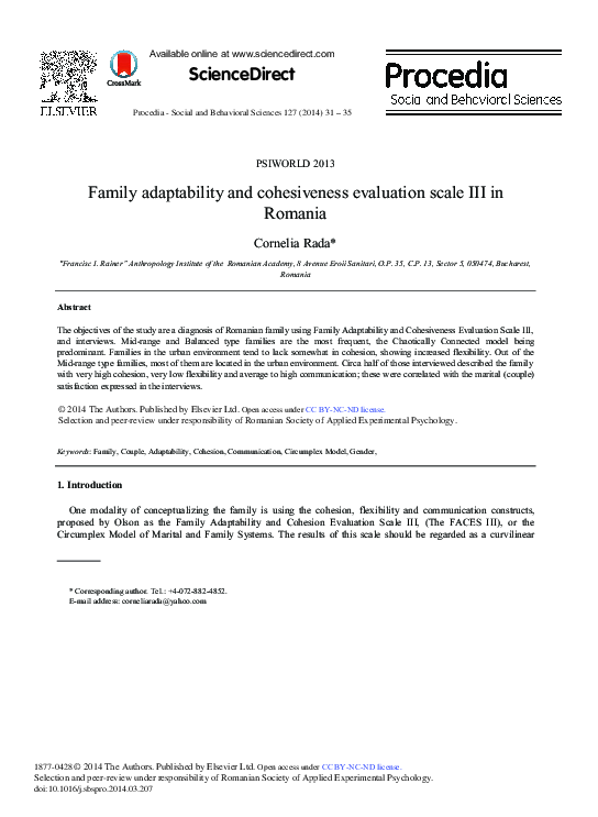 (PDF) Family Adaptability and Cohesiveness Evaluation Scale III in Romania
