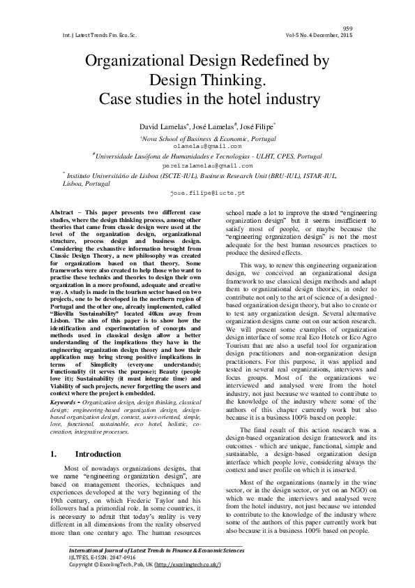 (PDF) Organizational Design Redefined by Design Thinking. Case studies in the hotel industry
