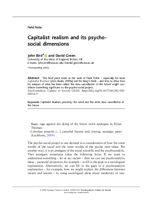 (PDF) Capitalist realism and its psycho-social dimensions