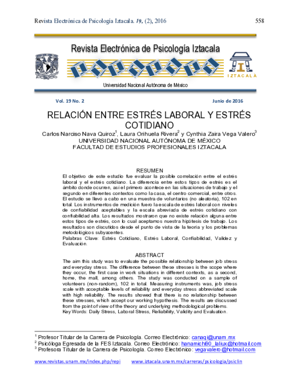 (PDF) Relación Entre Estrés Laboral y Estrés Cotidiano | Cynthia Zaira ...
