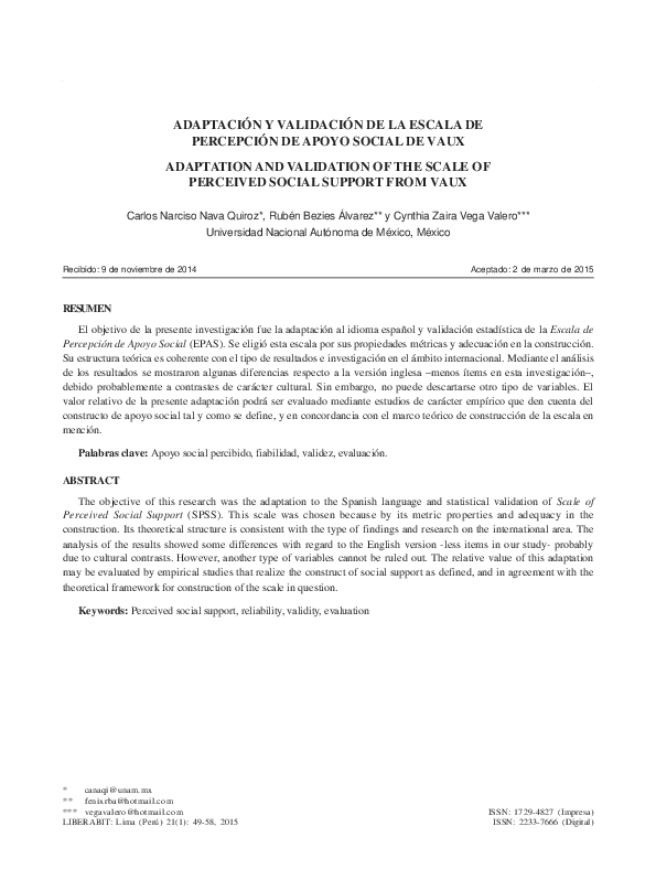 (PDF) Adaptación y validación de la Escala de Percepción de Apoyo Social de Vaux