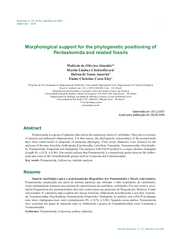 (PDF) Morphological support for the phylogenetic positioning of ...