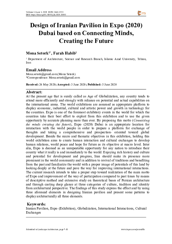 (PDF) Design of Iranian Pavilion in Expo (2020) Dubai based on Connecting Minds, Creating the Future