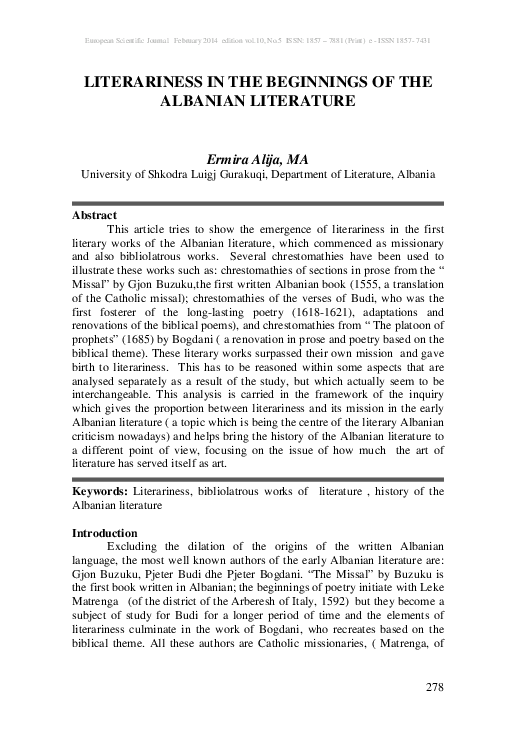 (PDF) Literariness in the Beginnings of the Albanian Literature