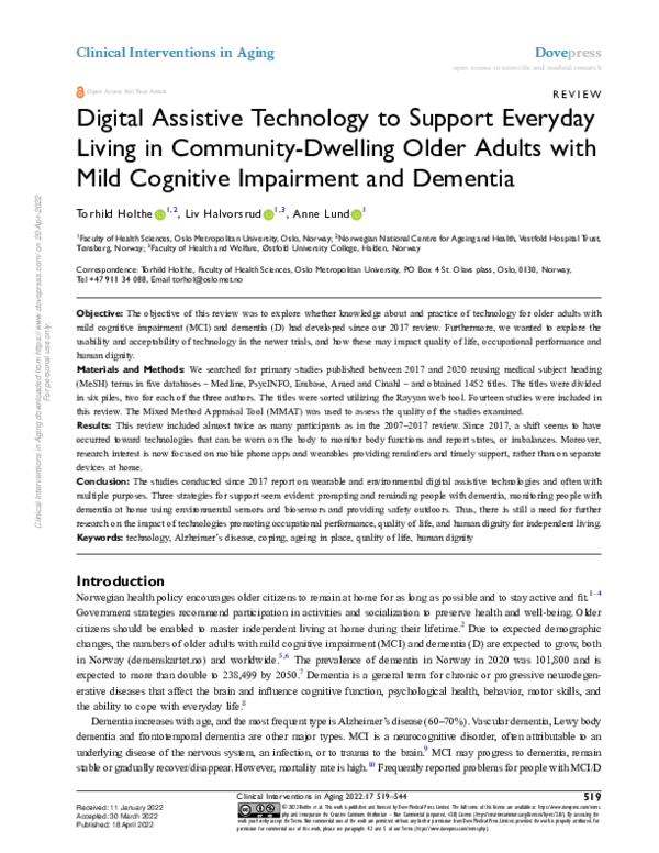 (PDF) Digital Assistive Technology to Support Everyday Living in ...