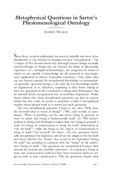 (PDF) Metaphysical Questions in Sartre's Phenomenological Ontology