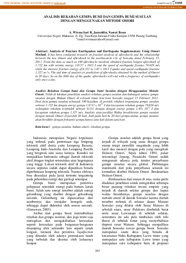 (PDF) Analisis Rekahan Gempa Bumi dan Gempa Bumi Susulan dengan Menggunakan Metode Omori