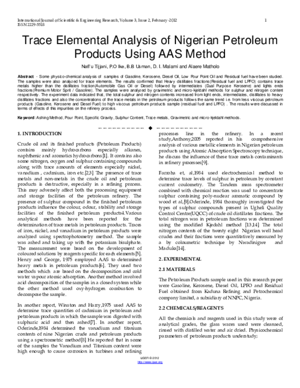 (PDF) Trace Elemental Analysis of Nigerian Petroleum Products
