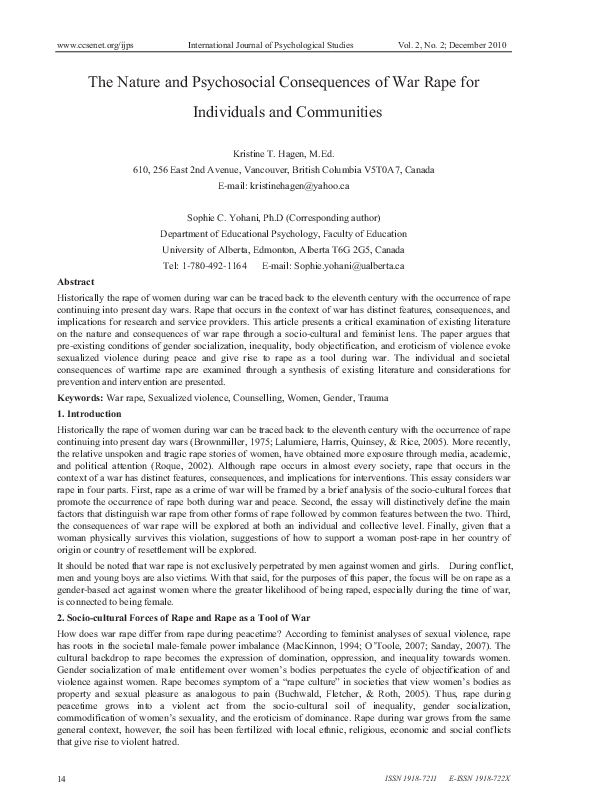 (PDF) The Nature and Psychosocial Consequences of War Rape for ...