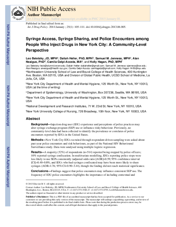 (PDF) Syringe access, syringe sharing, and police encounters among ...
