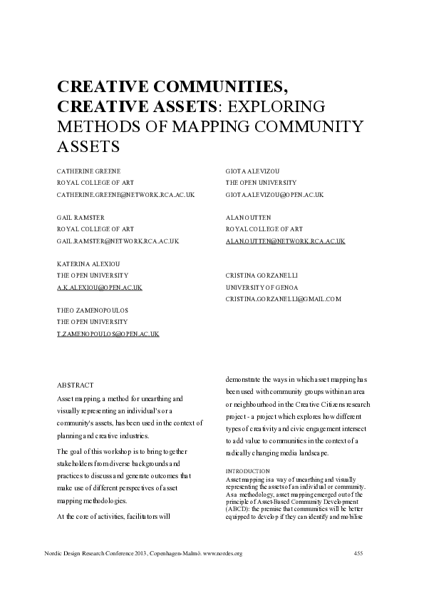 (PDF) Creative communities, creative assets: Exploring methods of mapping community assets