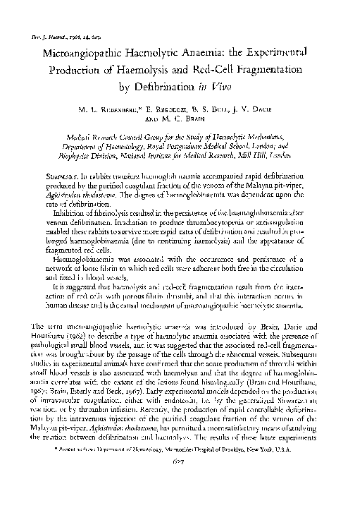 (PDF) Microangiopathic Haemolytic Anaemia: the Experimental Production ...