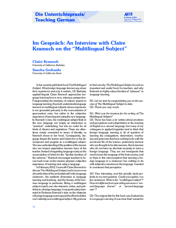 (PDF) Im Gespräch: An Interview with Claire Kramsch on the ...