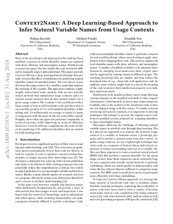 Pdf Context2name A Deep Learning Based Approach To Infer Natural Variable Names From Usage 
