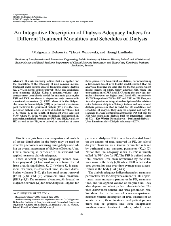 (PDF) An Integrative Description of Dialysis Adequacy Indices for ...
