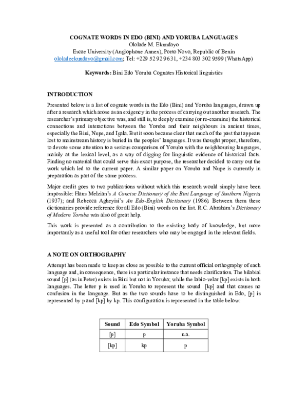 (PDF) COGNATE WORDS IN EDO (BINI) AND YORUBA LANGUAGES