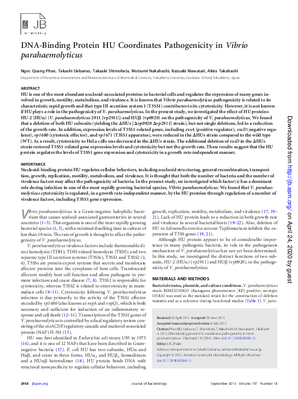 (PDF) DNA-binding protein HU coordinates pathogenicity in Vibrio ...