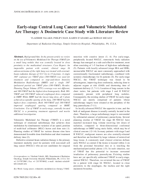 Pdf Early Stage Central Lung Cancer And Volumetric Modulated Arc Therapy A Dosimetric Case