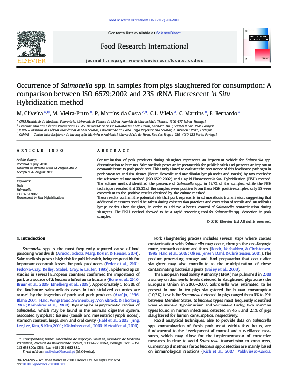 (PDF) Occurrence of Salmonella spp. in samples from pigs slaughtered ...