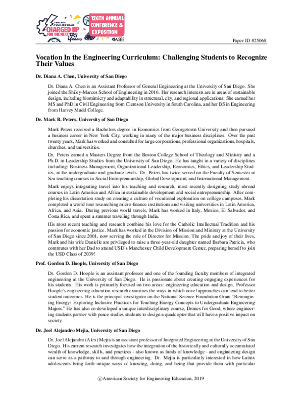 (PDF) Vocation In the Engineering Curriculum: Challenging Students to ...