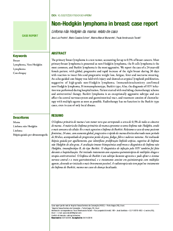 (PDF) Non-Hodgkin lymphoma in breast: case report | José Pedrini ...