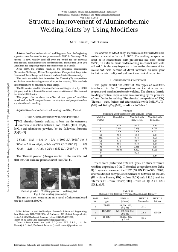 (PDF) Structure Improvement Of Aluminothermic Welding Joints By Using Modifiers