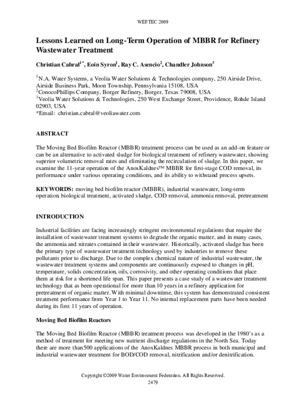 (PDF) Lessons Learned on Long-Term Operation of MBBR for Refinery ...