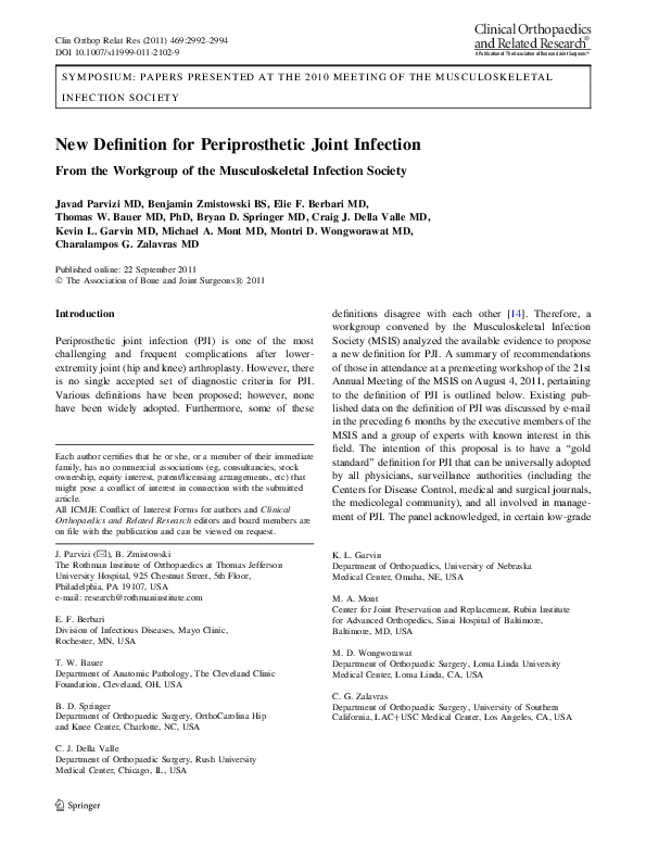 (PDF) New Definition for Periprosthetic Joint Infection: From the Workgroup of the ...