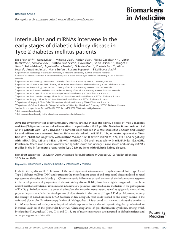 (PDF) Interleukins and miRNAs intervene in the early stages of diabetic kidney disease in Type 2 ...