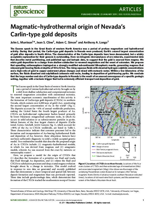 (PDF) Magmatic–hydrothermal origin of Nevada’s Carlin-type gold deposits