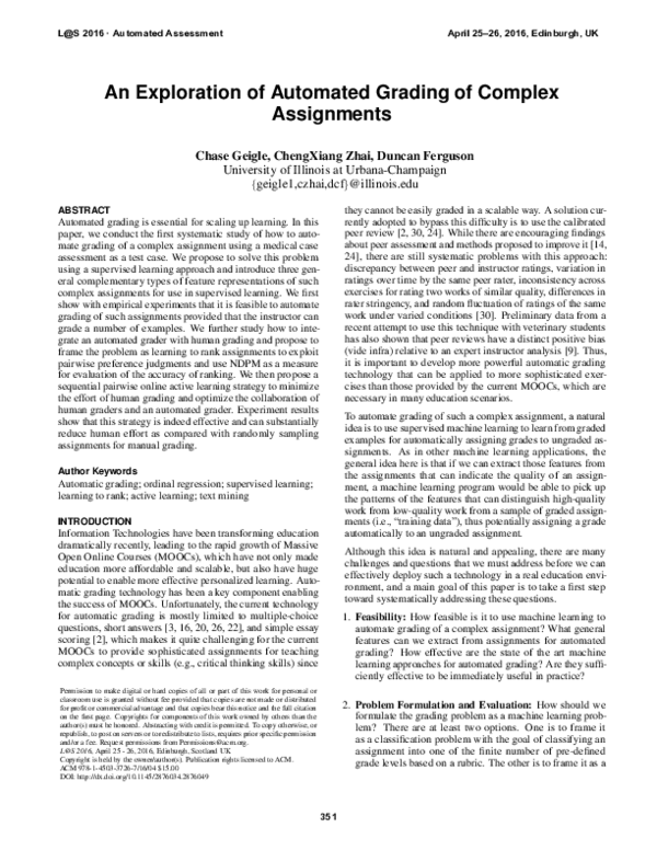 (PDF) An Exploration of Automated Grading of Complex Assignments