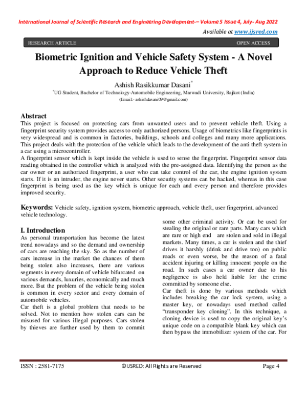 Pdf Biometric Ignition And Vehicle Safety System A Novel Approach To Reduce Vehicle Theft