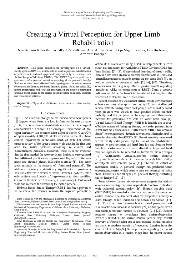(PDF) Creating A Virtual Perception For Upper Limb Rehabilitation