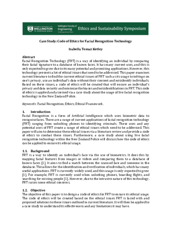 (PDF) Case Study: Code of Ethics for Facial Recognition Technology (PDF) Case Study: Code of Ethics for Facial Recognition Technology