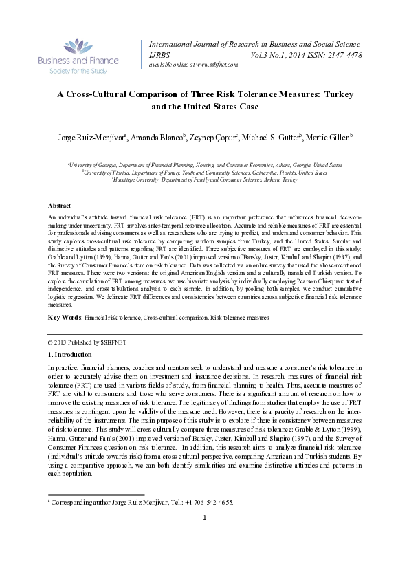 Pdf A Cross Cultural Comparison Of Three Risk Tolerance Measures Turkey And The United States